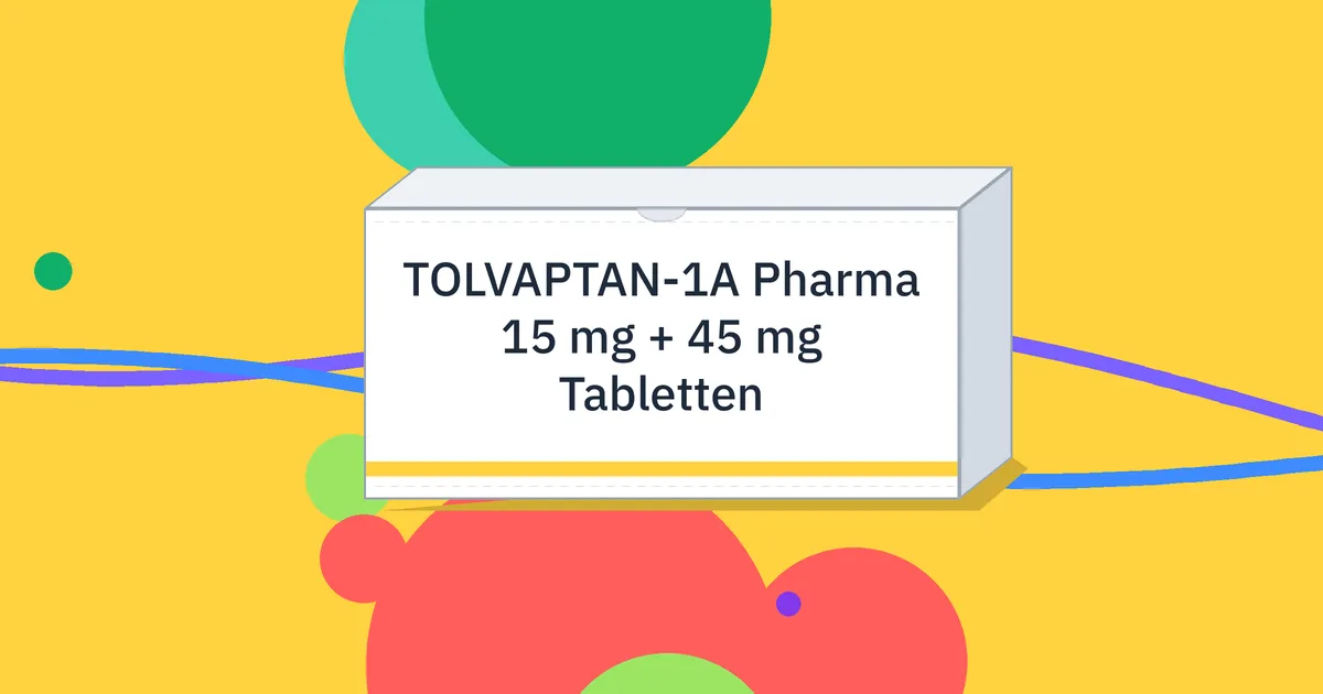 Symbolbild: Packung mit der Aufschrift TOLVAPTAN-1A Pharma 15 mg + 45 mg Tabletten (PZN 19100916) – Verfügbarkeit und Bezug in Apotheken in Frankfurt am Main
