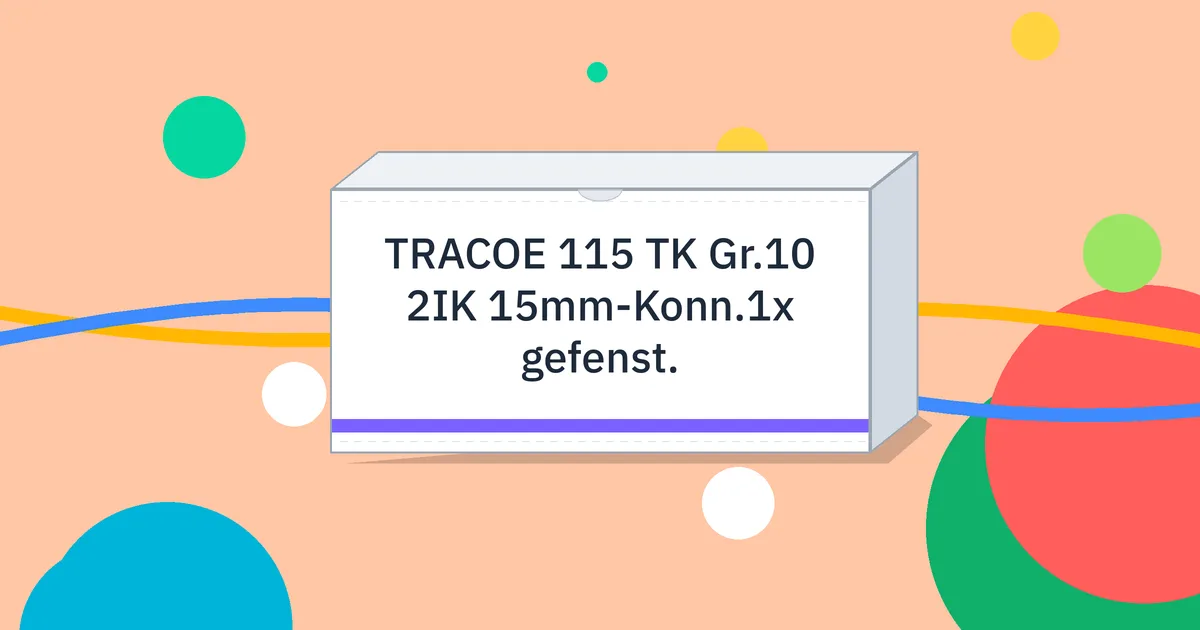 Symbolbild: Packung mit der Aufschrift TRACOE 115 TK Gr.10 2IK 15mm-Konn.1x gefenst. (PZN 10626166) – Verfügbarkeit und Bezug in Apotheken in Frankfurt am Main