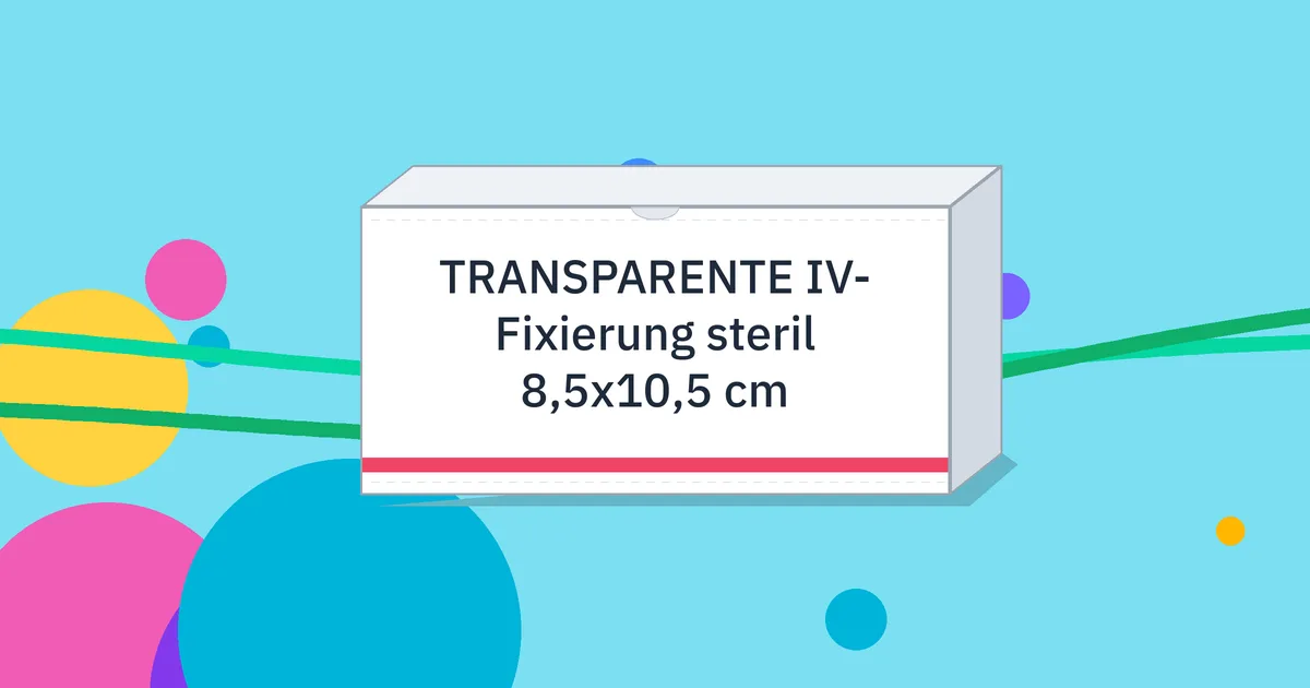 Symbolbild: Packung mit der Aufschrift TRANSPARENTE IV-Fixierung steril 8,5x10,5 cm (PZN 19529192) – Verfügbarkeit und Bezug in Apotheken in Frankfurt am Main