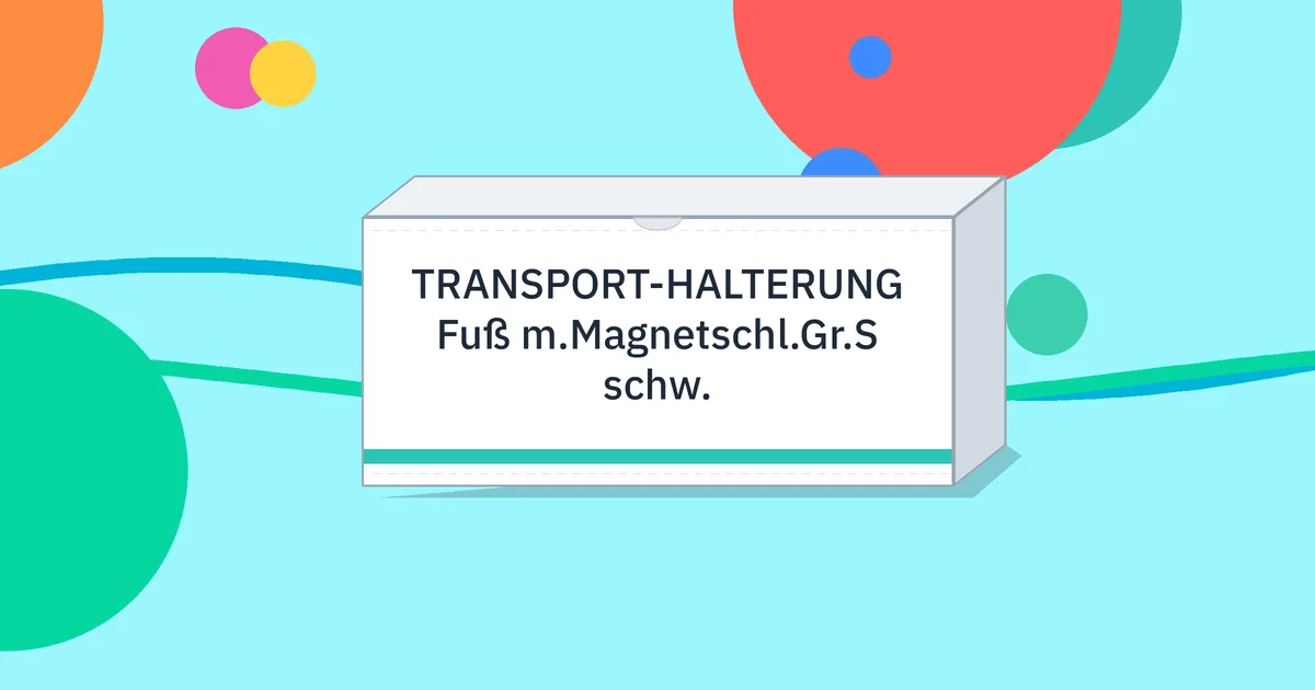 Symbolbild: Packung mit der Aufschrift TRANSPORT-HALTERUNG Fuß m.Magnetschl.Gr.S schw. (PZN 17279992) – Verfügbarkeit und Bezug in Apotheken in Frankfurt am Main