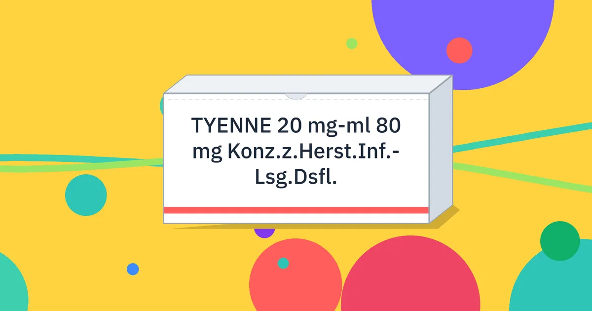 Symbolbild: Packung mit der Aufschrift TYENNE 20 mg-ml 80 mg Konz.z.Herst.Inf.-Lsg.Dsfl. (PZN 19533785) – Verfügbarkeit und Bezug in Apotheken in Frankfurt am Main