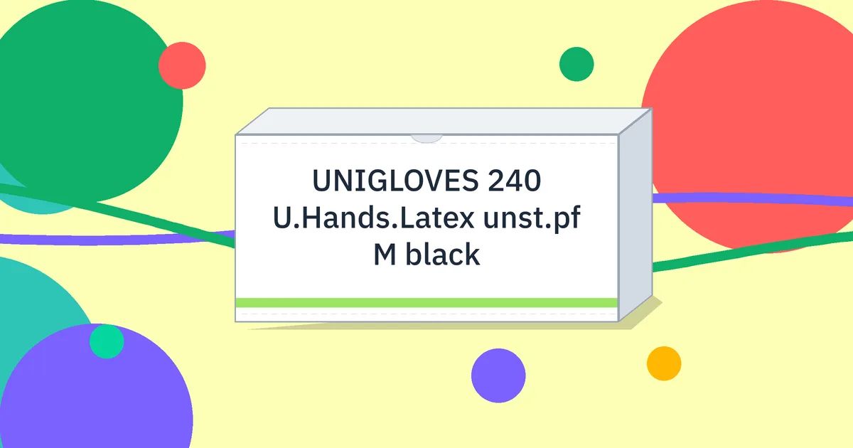 Symbolbild: Packung mit der Aufschrift UNIGLOVES 240 U.Hands.Latex unst.pf M black (PZN 18101405) – Verfügbarkeit und Bezug in Apotheken in Frankfurt am Main