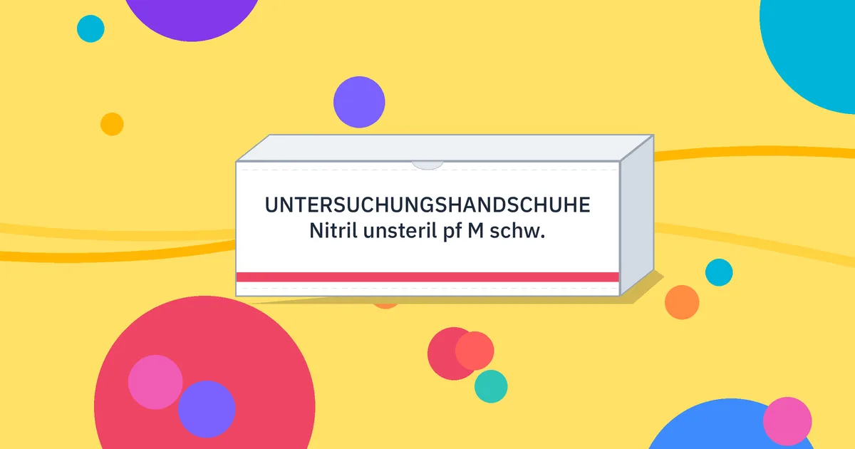 Symbolbild: Packung mit der Aufschrift UNTERSUCHUNGSHANDSCHUHE Nitril unsteril pf M schw. (PZN 14399885) – Verfügbarkeit und Bezug in Apotheken in Frankfurt am Main