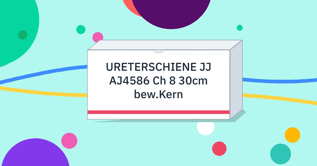 Symbolbild: Packung mit der Aufschrift URETERSCHIENE JJ AJ4586 Ch 8 30cm bew.Kern (PZN 01357431) – Verfügbarkeit und Bezug in Apotheken in Frankfurt am Main