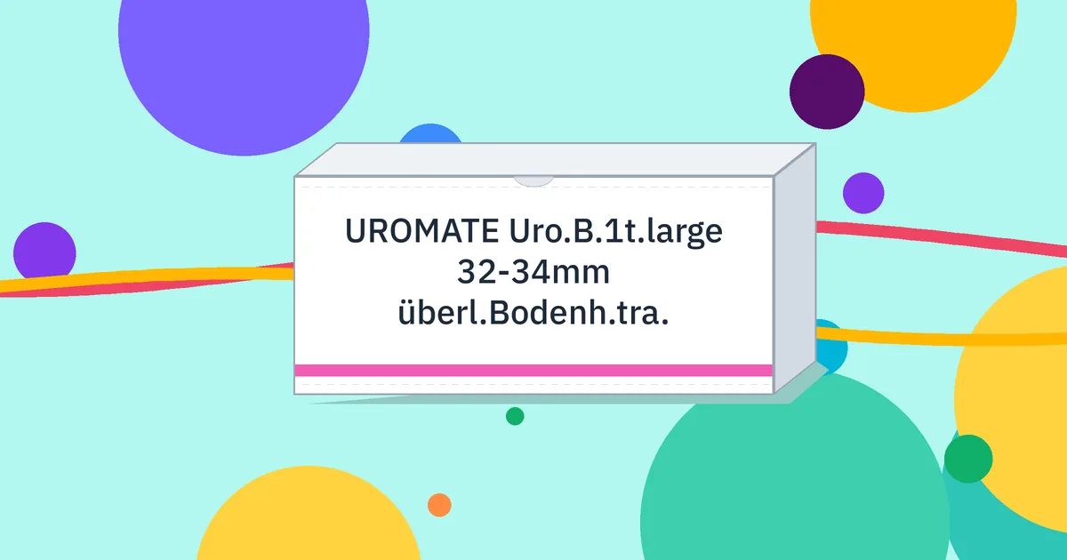 Symbolbild: Packung mit der Aufschrift UROMATE Uro.B.1t.large 32-34mm überl.Bodenh.tra. (PZN 03741300) – Verfügbarkeit und Bezug in Apotheken in Frankfurt am Main