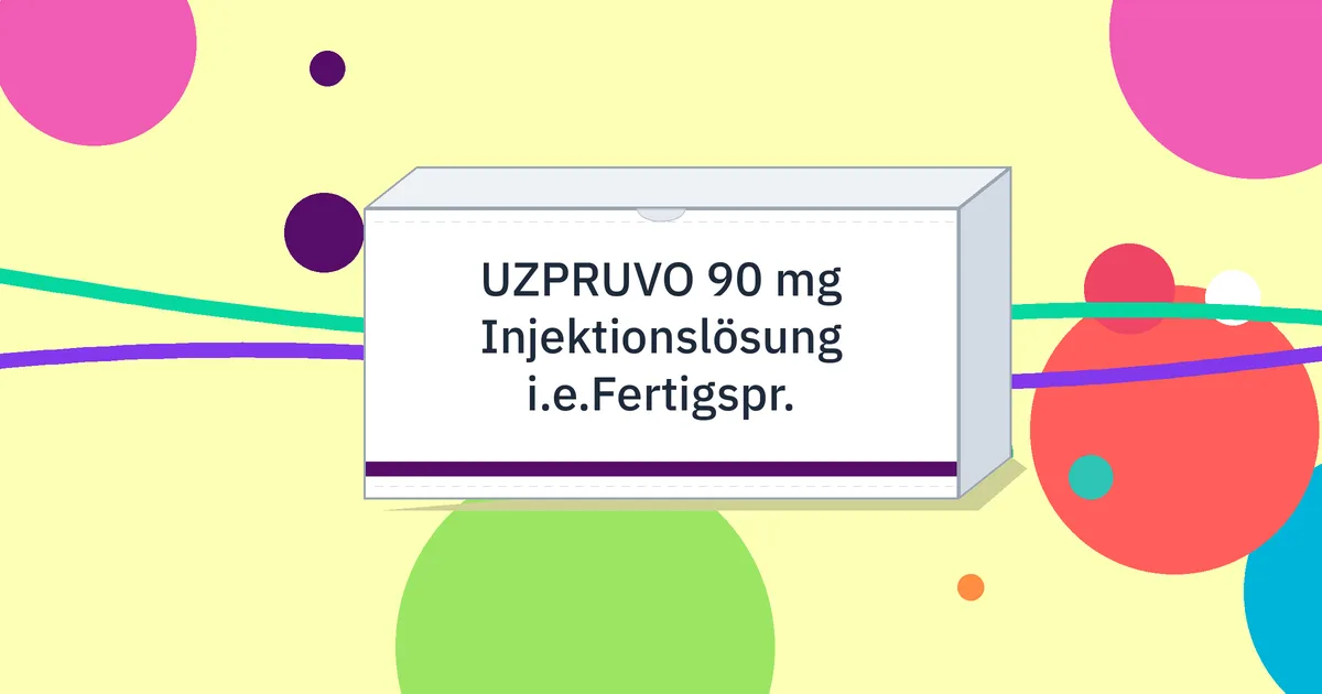 Symbolbild: Packung mit der Aufschrift UZPRUVO 90 mg Injektionslösung i.e.Fertigspr. (PZN 19491213) – Verfügbarkeit und Bezug in Apotheken in Frankfurt am Main
