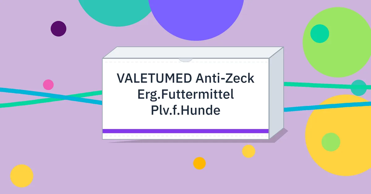 Symbolbild: Packung mit der Aufschrift VALETUMED Anti-Zeck Erg.Futtermittel Plv.f.Hunde (PZN 20189637) – Verfügbarkeit und Bezug in Apotheken in Frankfurt am Main