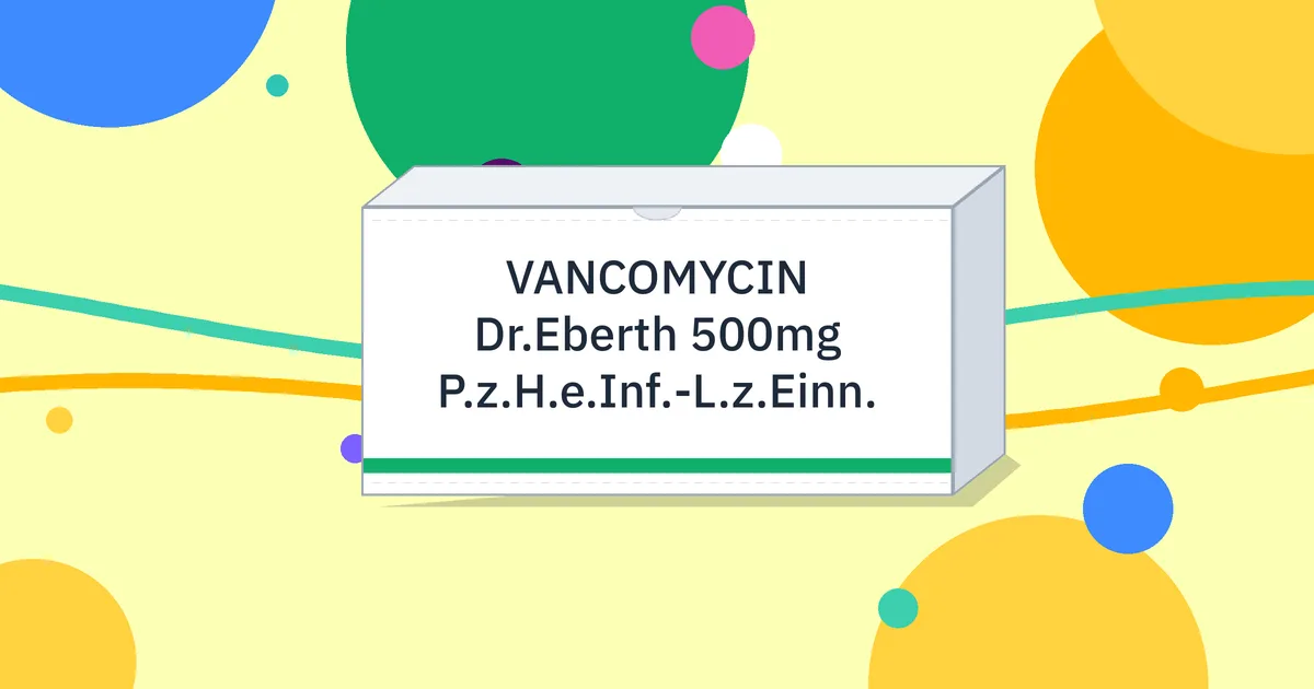 Symbolbild: Packung mit der Aufschrift VANCOMYCIN Dr.Eberth 500mg P.z.H.e.Inf.-L.z.Einn. (PZN 12472460) – Verfügbarkeit und Bezug in Apotheken in Frankfurt am Main