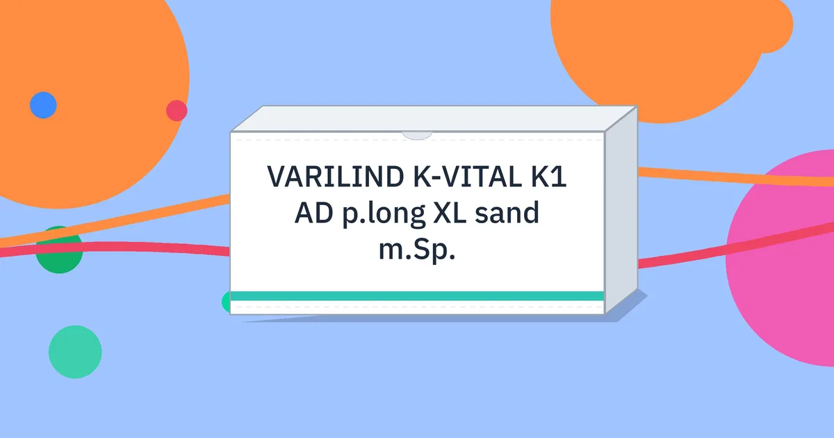 Symbolbild: Packung mit der Aufschrift VARILIND K-VITAL K1 AD p.long XL sand m.Sp. (PZN 20565980) – Verfügbarkeit und Bezug in Apotheken in Frankfurt am Main