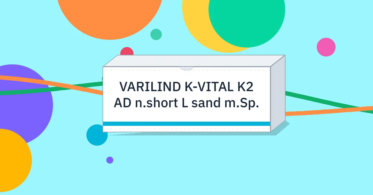 Symbolbild: Packung mit der Aufschrift VARILIND K-VITAL K2 AD n.short L sand m.Sp. (PZN 20567370) – Verfügbarkeit und Bezug in Apotheken in Frankfurt am Main
