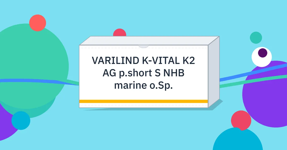 Symbolbild: Packung mit der Aufschrift VARILIND K-VITAL K2 AG p.short S NHB marine o.Sp. (PZN 20564897) – Verfügbarkeit und Bezug in Apotheken in Frankfurt am Main