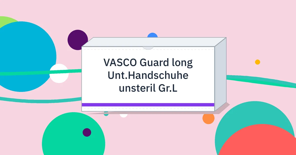 Symbolbild: Packung mit der Aufschrift VASCO Guard long Unt.Handschuhe unsteril Gr.L (PZN 13571069) – Verfügbarkeit und Bezug in Apotheken in Frankfurt am Main
