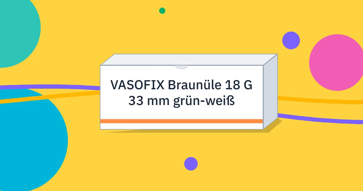 Symbolbild: Packung mit der Aufschrift VASOFIX Braunüle 18 G 33 mm grün-weiß (PZN 00346129) – Verfügbarkeit und Bezug in Apotheken in Frankfurt am Main