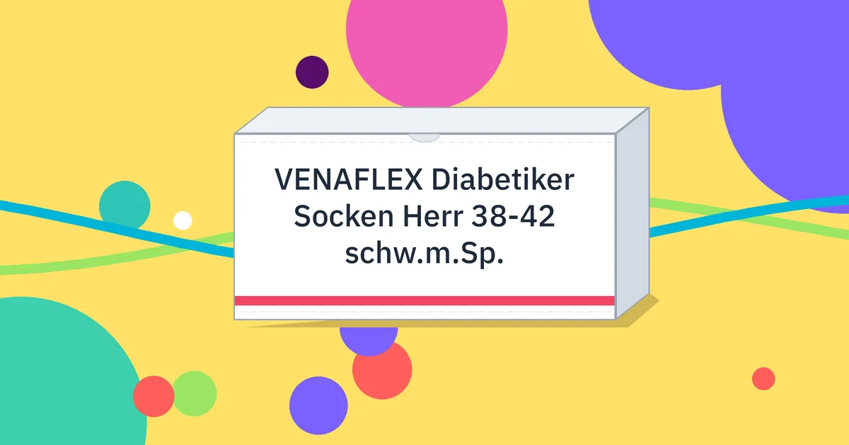 Symbolbild: Packung mit der Aufschrift VENAFLEX Diabetiker Socken Herr 38-42 schw.m.Sp. (PZN 18309407) – Verfügbarkeit und Bezug in Apotheken in Frankfurt am Main