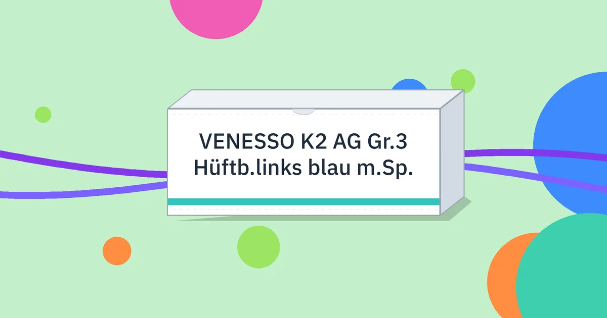 Symbolbild: Packung mit der Aufschrift VENESSO K2 AG Gr.3 Hüftb.links blau m.Sp. (PZN 03266721) – Verfügbarkeit und Bezug in Apotheken in Frankfurt am Main
