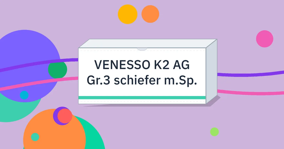 Symbolbild: Packung mit der Aufschrift VENESSO K2 AG Gr.3 schiefer m.Sp. (PZN 03276122) – Verfügbarkeit und Bezug in Apotheken in Frankfurt am Main