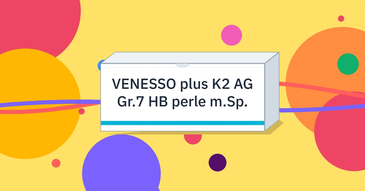 Symbolbild: Packung mit der Aufschrift VENESSO plus K2 AG Gr.7 HB perle m.Sp. (PZN 03293238) – Verfügbarkeit und Bezug in Apotheken in Frankfurt am Main