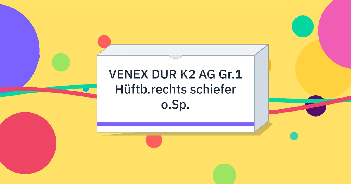 Symbolbild: Packung mit der Aufschrift VENEX DUR K2 AG Gr.1 Hüftb.rechts schiefer o.Sp. (PZN 03232685) – Verfügbarkeit und Bezug in Apotheken in Frankfurt am Main