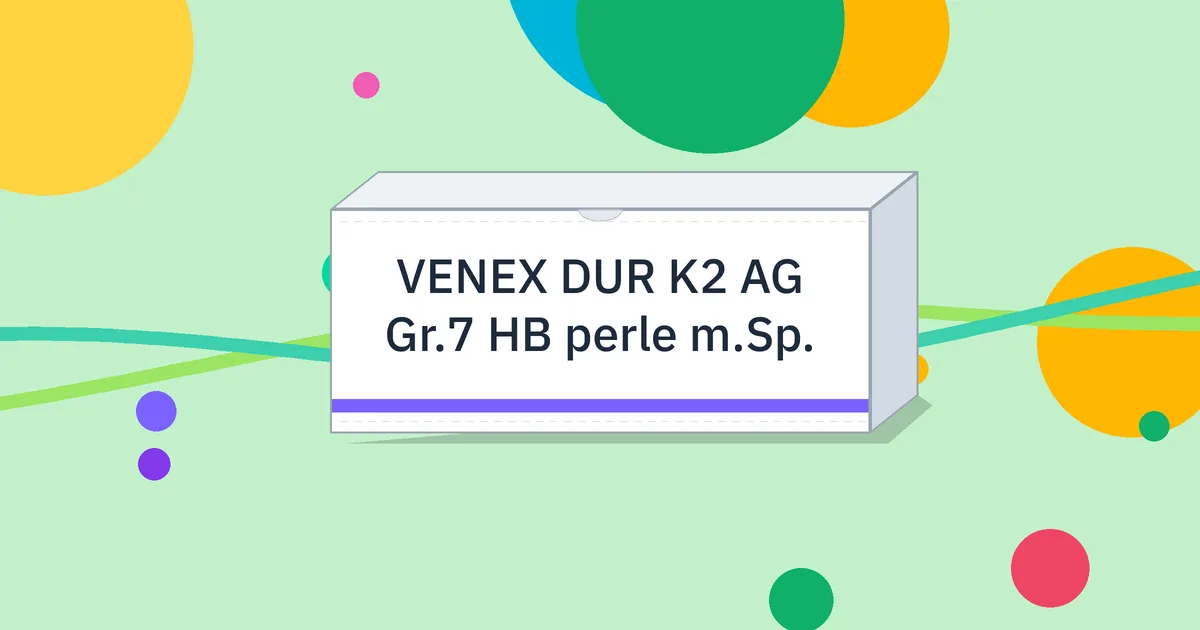 Symbolbild: Packung mit der Aufschrift VENEX DUR K2 AG Gr.7 HB perle m.Sp. (PZN 03218656) – Verfügbarkeit und Bezug in Apotheken in Frankfurt am Main