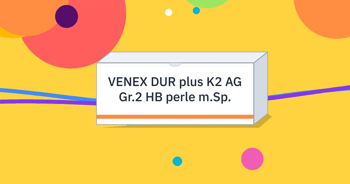 Symbolbild: Packung mit der Aufschrift VENEX DUR plus K2 AG Gr.2 HB perle m.Sp. (PZN 03236387) – Verfügbarkeit und Bezug in Apotheken in Frankfurt am Main