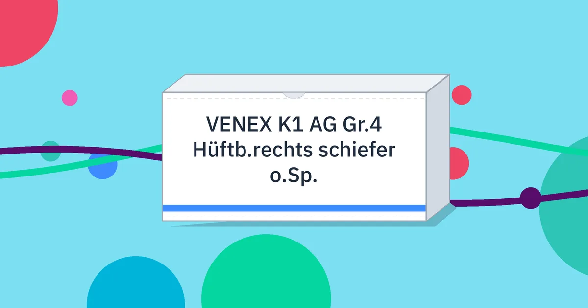 Symbolbild: Packung mit der Aufschrift VENEX K1 AG Gr.4 Hüftb.rechts schiefer o.Sp. (PZN 03208095) – Verfügbarkeit und Bezug in Apotheken in Frankfurt am Main