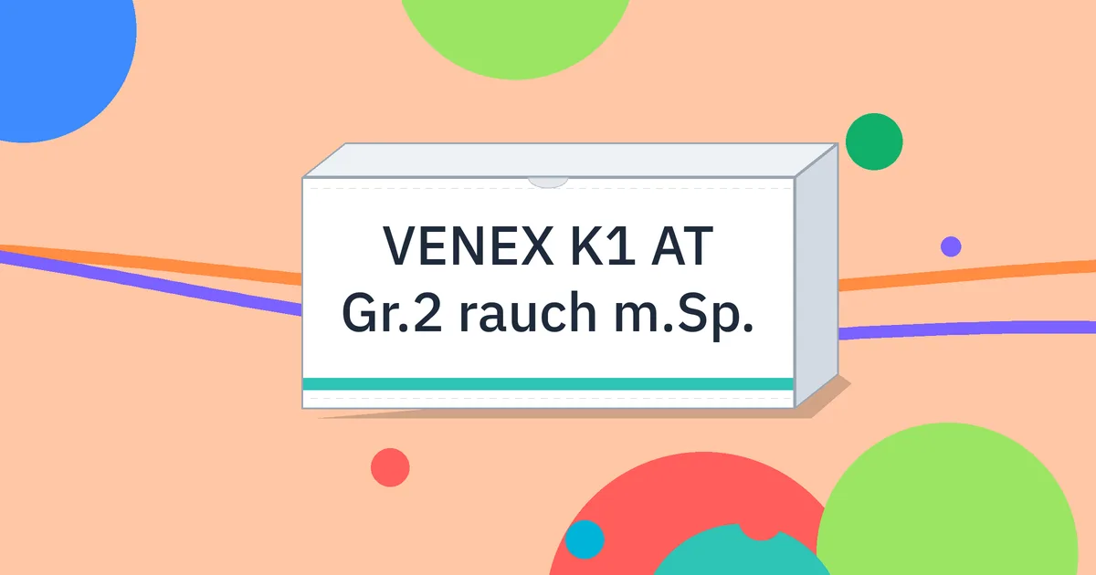 Symbolbild: Packung mit der Aufschrift VENEX K1 AT Gr.2 rauch m.Sp. (PZN 03194660) – Verfügbarkeit und Bezug in Apotheken in Frankfurt am Main