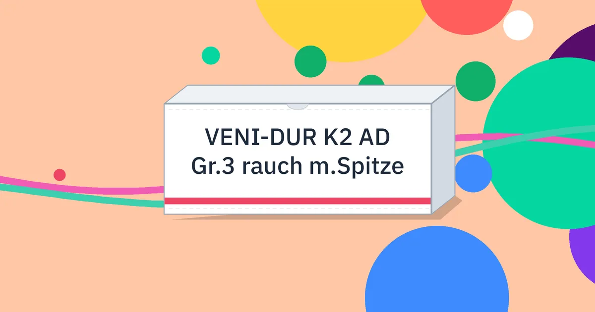 Symbolbild: Packung mit der Aufschrift VENI-DUR K2 AD Gr.3 rauch m.Spitze (PZN 08681198) – Verfügbarkeit und Bezug in Apotheken in Frankfurt am Main