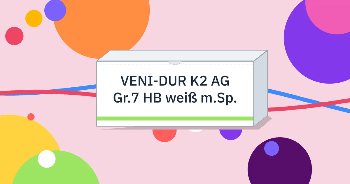 Symbolbild: Packung mit der Aufschrift VENI-DUR K2 AG Gr.7 HB weiß m.Sp. (PZN 03244754) – Verfügbarkeit und Bezug in Apotheken in Frankfurt am Main