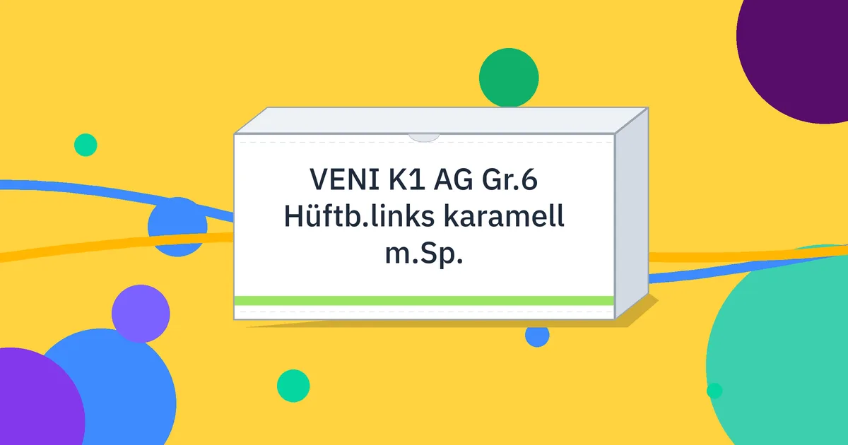 Symbolbild: Packung mit der Aufschrift VENI K1 AG Gr.6 Hüftb.links karamell m.Sp. (PZN 13760209) – Verfügbarkeit und Bezug in Apotheken in Frankfurt am Main