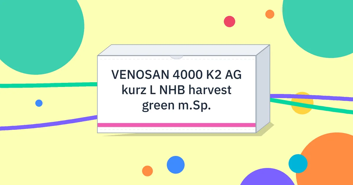 Symbolbild: Packung mit der Aufschrift VENOSAN 4000 K2 AG kurz L NHB harvest green m.Sp. (PZN 18847866) – Verfügbarkeit und Bezug in Apotheken in Frankfurt am Main