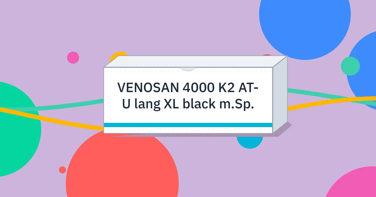 Symbolbild: Packung mit der Aufschrift VENOSAN 4000 K2 AT-U lang XL black m.Sp. (PZN 14427630) – Verfügbarkeit und Bezug in Apotheken in Frankfurt am Main