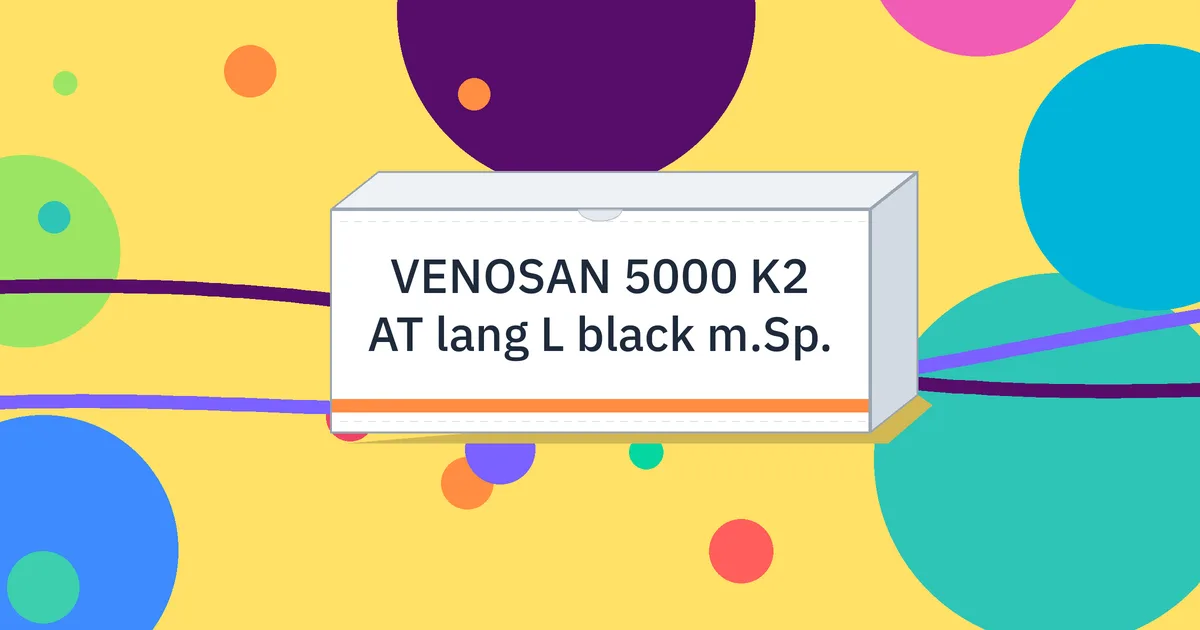 Symbolbild: Packung mit der Aufschrift VENOSAN 5000 K2 AT lang L black m.Sp. (PZN 14433487) – Verfügbarkeit und Bezug in Apotheken in Frankfurt am Main