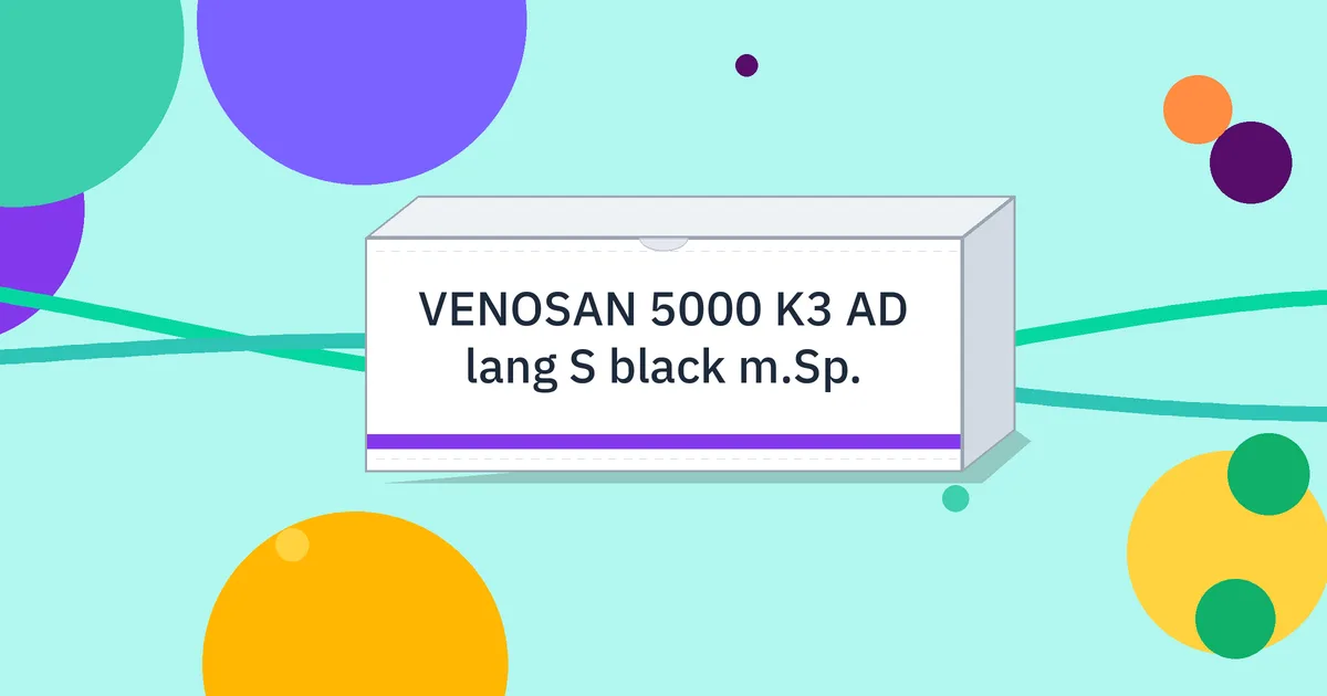 Symbolbild: Packung mit der Aufschrift VENOSAN 5000 K3 AD lang S black m.Sp. (PZN 14433895) – Verfügbarkeit und Bezug in Apotheken in Frankfurt am Main