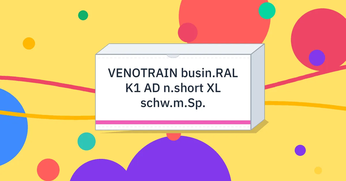 Symbolbild: Packung mit der Aufschrift VENOTRAIN busin.RAL K1 AD n.short XL schw.m.Sp. (PZN 06948639) – Verfügbarkeit und Bezug in Apotheken in Frankfurt am Main