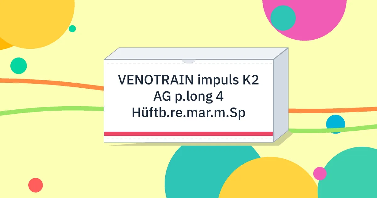 Symbolbild: Packung mit der Aufschrift VENOTRAIN impuls K2 AG p.long 4 Hüftb.re.mar.m.Sp (PZN 15216639) – Verfügbarkeit und Bezug in Apotheken in Frankfurt am Main