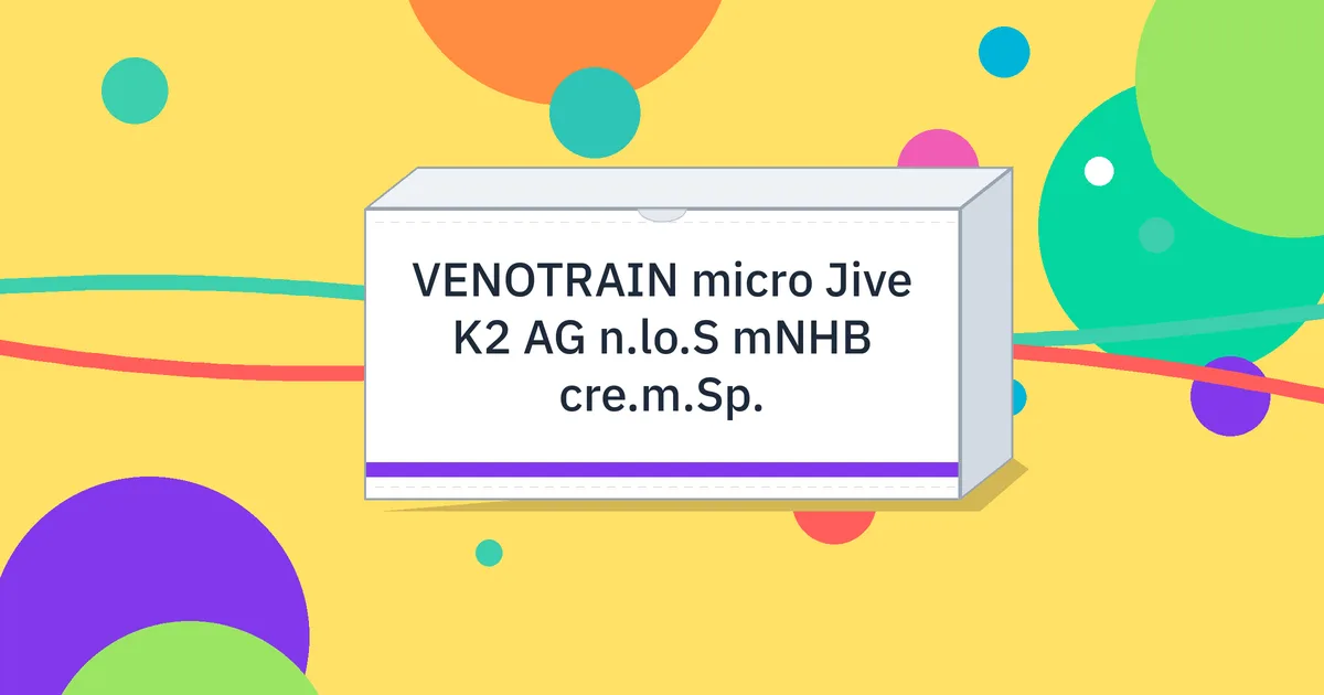 Symbolbild: Packung mit der Aufschrift VENOTRAIN micro Jive K2 AG n.lo.S mNHB cre.m.Sp. (PZN 17758043) – Verfügbarkeit und Bezug in Apotheken in Frankfurt am Main