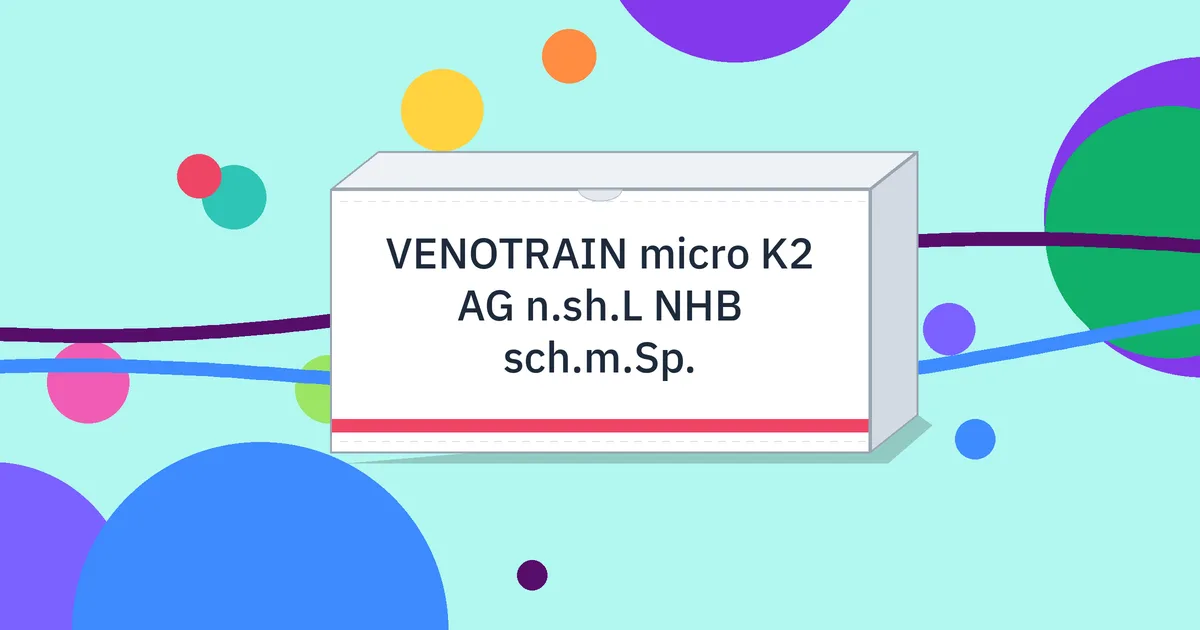 Symbolbild: Packung mit der Aufschrift VENOTRAIN micro K2 AG n.sh.L NHB sch.m.Sp. (PZN 02357350) – Verfügbarkeit und Bezug in Apotheken in Frankfurt am Main