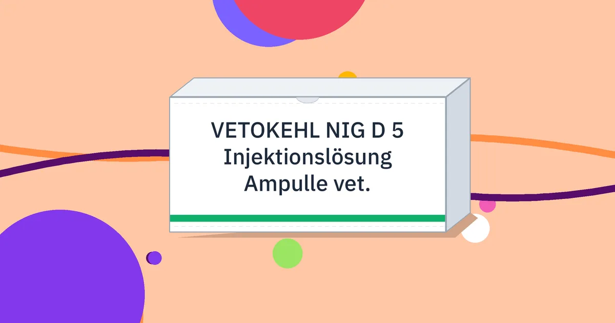 Symbolbild: Packung mit der Aufschrift VETOKEHL NIG D 5 Injektionslösung Ampulle vet. (PZN 04599548) – Verfügbarkeit und Bezug in Apotheken in Frankfurt am Main