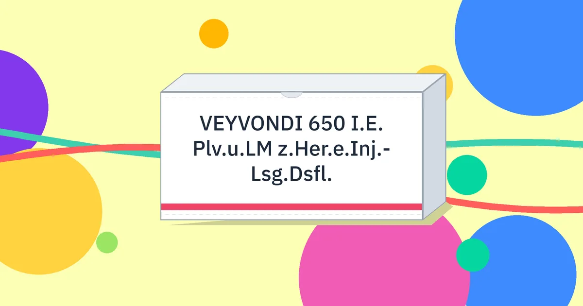 Symbolbild: Packung mit der Aufschrift VEYVONDI 650 I.E. Plv.u.LM z.Her.e.Inj.-Lsg.Dsfl. (PZN 14410262) – Verfügbarkeit und Bezug in Apotheken in Frankfurt am Main
