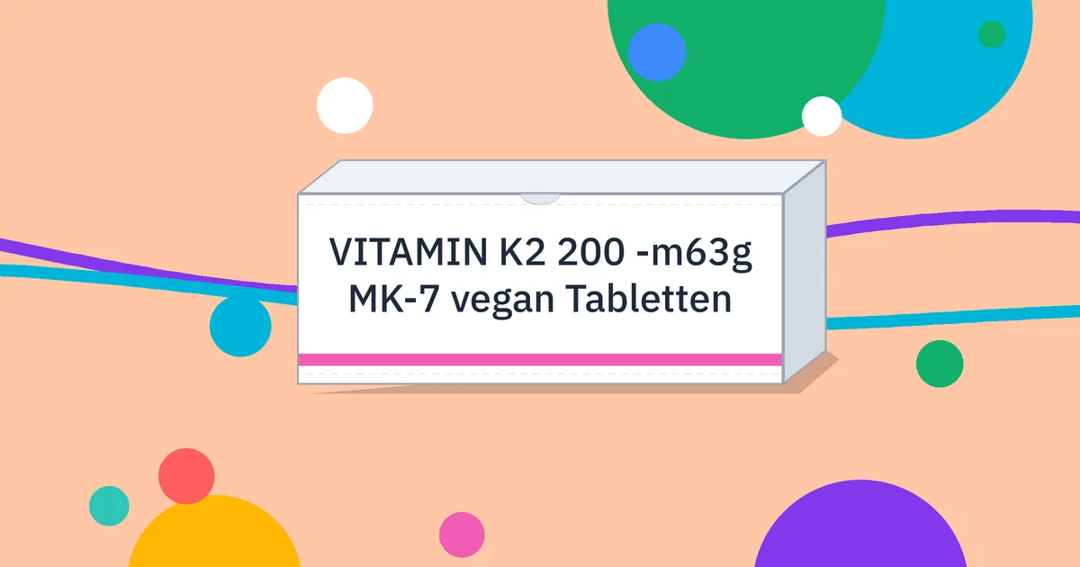 Symbolbild: Packung mit der Aufschrift VITAMIN K2 200 -m63g MK-7 vegan Tabletten (PZN 18210146) – Verfügbarkeit und Bezug in Apotheken in Frankfurt am Main