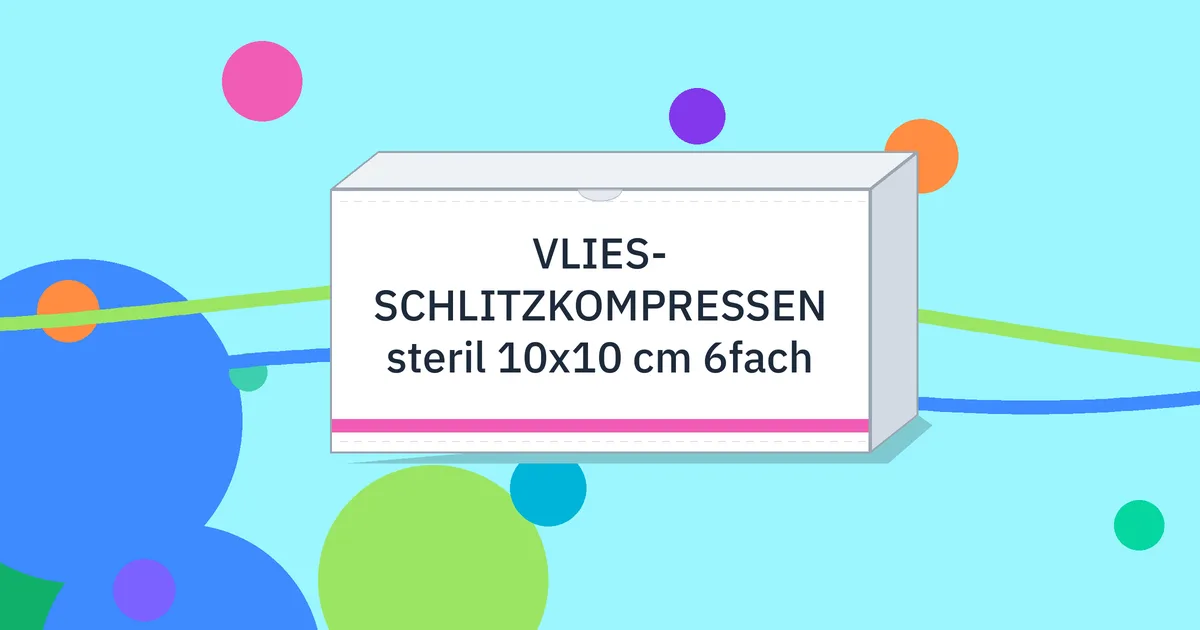Symbolbild: Packung mit der Aufschrift VLIES-SCHLITZKOMPRESSEN steril 10x10 cm 6fach (PZN 07200340) – Verfügbarkeit und Bezug in Apotheken in Frankfurt am Main