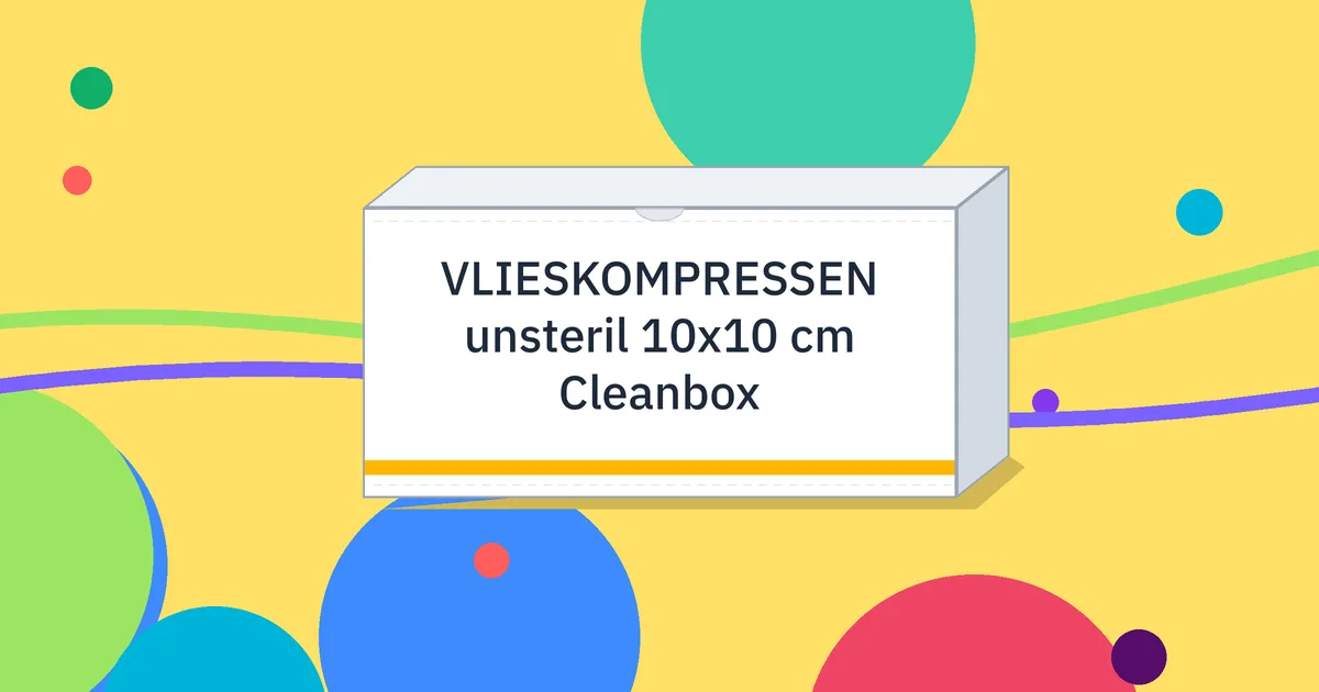 Symbolbild: Packung mit der Aufschrift VLIESKOMPRESSEN unsteril 10x10 cm Cleanbox (PZN 17562481) – Verfügbarkeit und Bezug in Apotheken in Frankfurt am Main