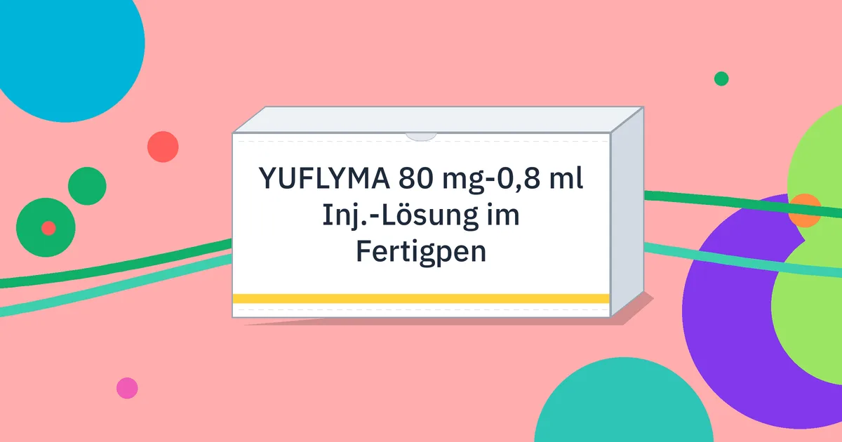Symbolbild: Packung mit der Aufschrift YUFLYMA 80 mg-0,8 ml Inj.-Lösung im Fertigpen (PZN 20102607) – Verfügbarkeit und Bezug in Apotheken in Frankfurt am Main