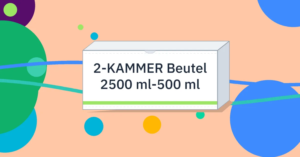 Symbolbild: Packung mit der Aufschrift 2-KAMMER Beutel 2500 ml-500 ml (PZN 11094352) – Verfügbarkeit und Bezug in Apotheken in Frankfurt am Main