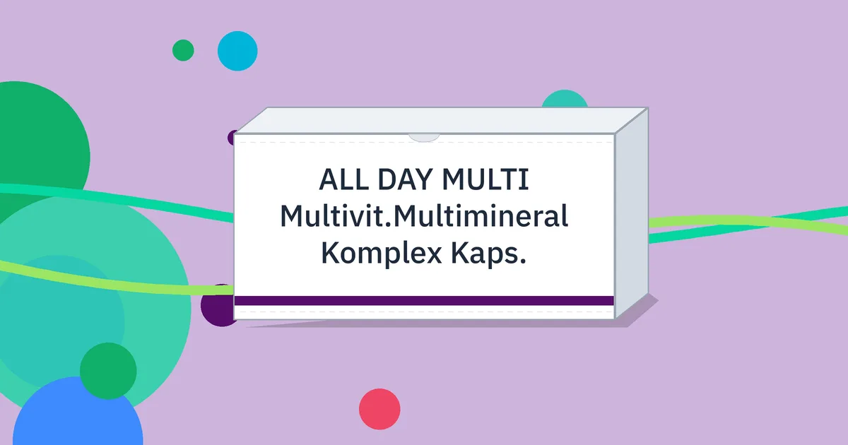 Symbolbild: Packung mit der Aufschrift ALL DAY MULTI Multivit.Multimineral Komplex Kaps. (PZN 18362264) – Verfügbarkeit und Bezug in Apotheken in Frankfurt am Main