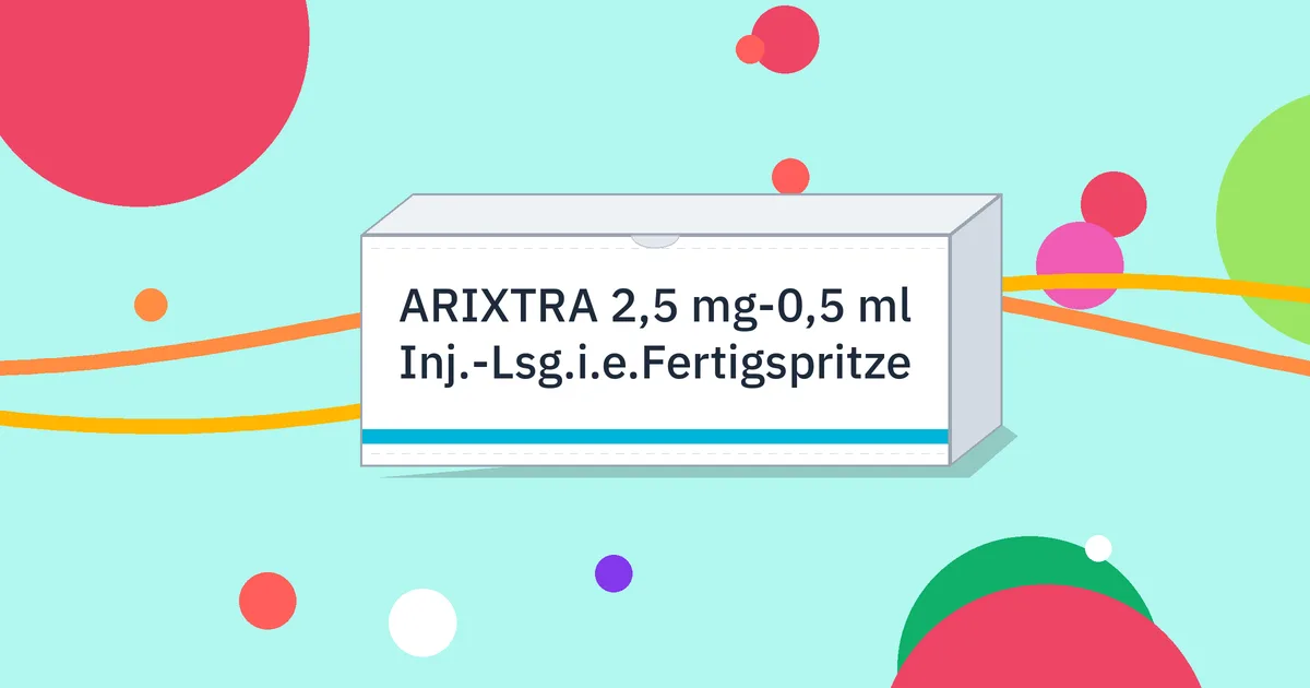 Symbolbild: Packung mit der Aufschrift ARIXTRA 2,5 mg-0,5 ml Inj.-Lsg.i.e.Fertigspritze (PZN 18374994) – Verfügbarkeit und Bezug in Apotheken in Frankfurt am Main