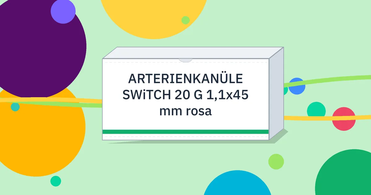 Symbolbild: Packung mit der Aufschrift ARTERIENKANÜLE SWiTCH 20 G 1,1x45 mm rosa (PZN 11586003) – Verfügbarkeit und Bezug in Apotheken in Frankfurt am Main