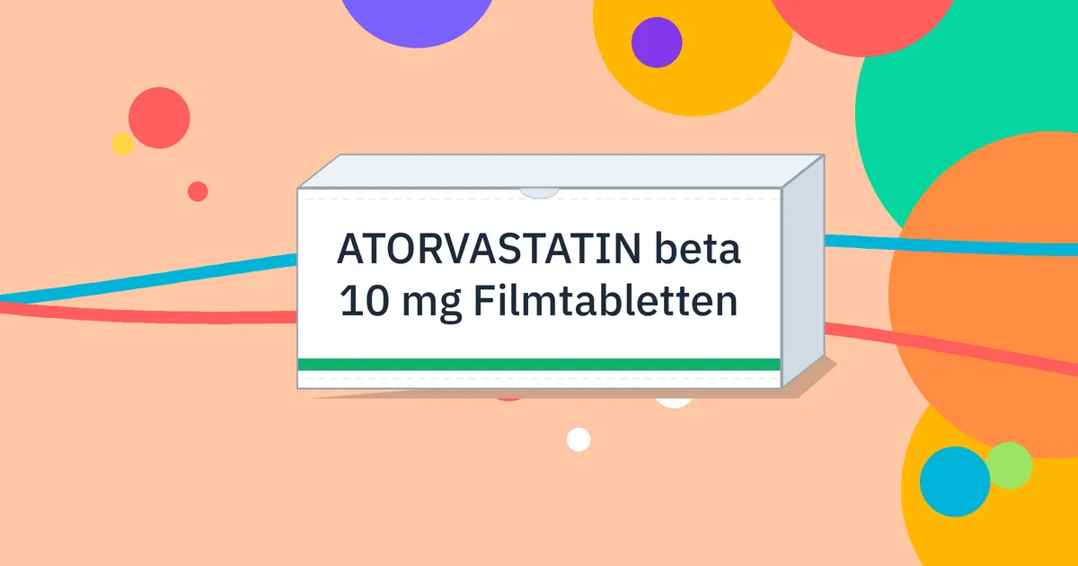 Symbolbild: Packung mit der Aufschrift ATORVASTATIN beta 10 mg Filmtabletten (PZN 17453817) – Verfügbarkeit und Bezug in Apotheken in Frankfurt am Main