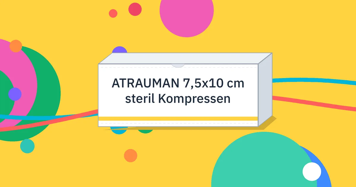 Symbolbild: Packung mit der Aufschrift ATRAUMAN 7,5x10 cm steril Kompressen (PZN 04889849) – Verfügbarkeit und Bezug in Apotheken in Frankfurt am Main