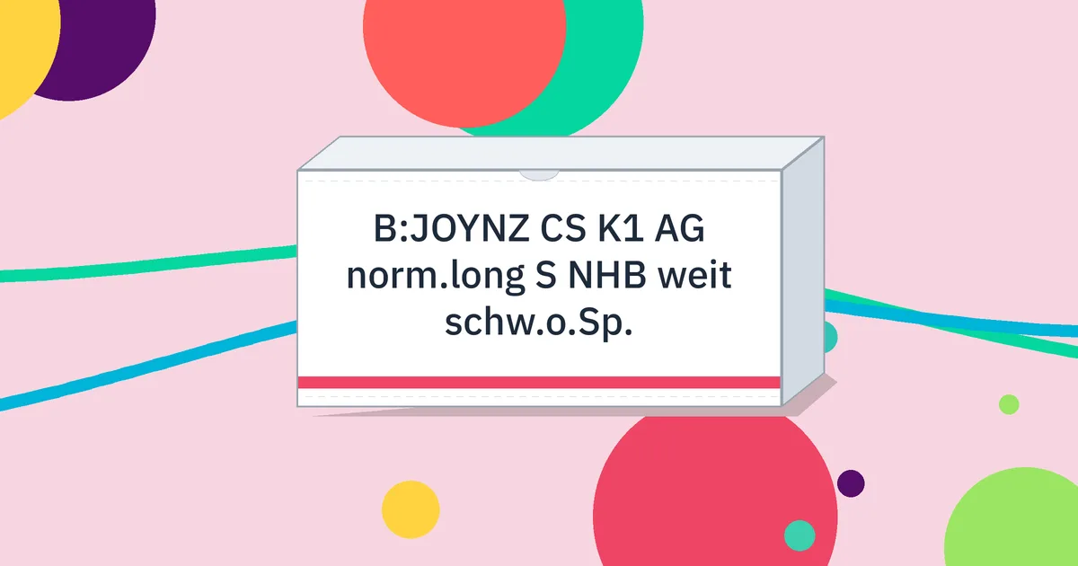 Symbolbild: Packung mit der Aufschrift B:JOYNZ CS K1 AG norm.long S NHB weit schw.o.Sp. (PZN 20532822) – Verfügbarkeit und Bezug in Apotheken in Frankfurt am Main